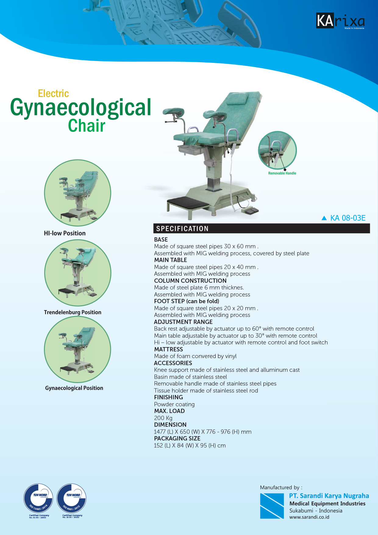 KARIXA Gynaecological Chair Electric KA 08-03E – PT Sarandi Karya Nugraha